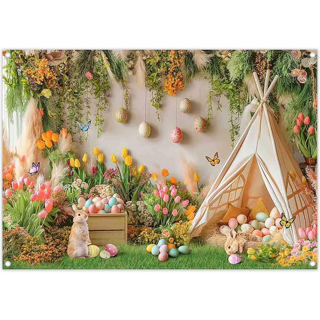Spring Easter Tent Photography Backdrop Bunny Eggs Green Grass Flowers ...