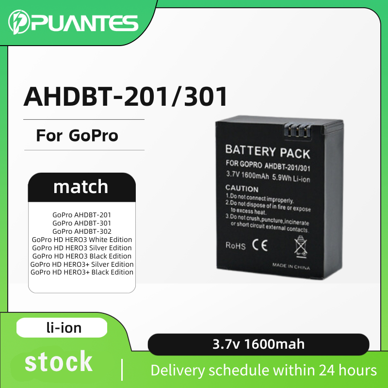 PUANTES GoPro Hero3 Battery 3.7V 1600mAh Li-ion Battery for Gopro Hero ...
