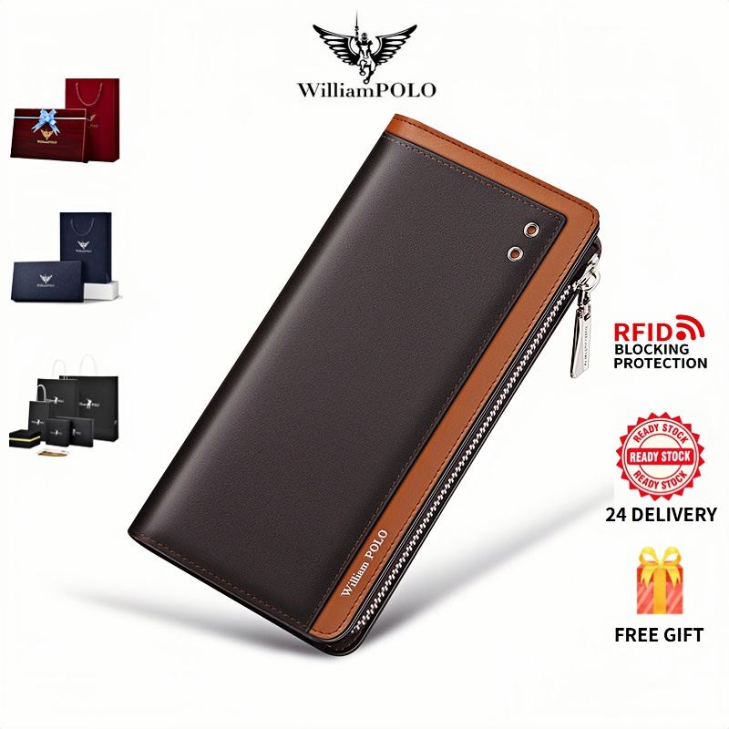 William polo mens leather wallet fashion long wallet rfid card holder ...