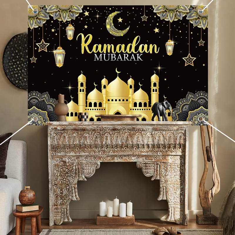 Ramadan Mubarak Backdrop Banner Black Gold Eid Mubarak Muslim Castle ...