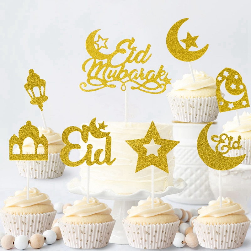 15pcs Glitter Golden Eid Mubarak Cake Topper Moon Star Mosque Shaped ...