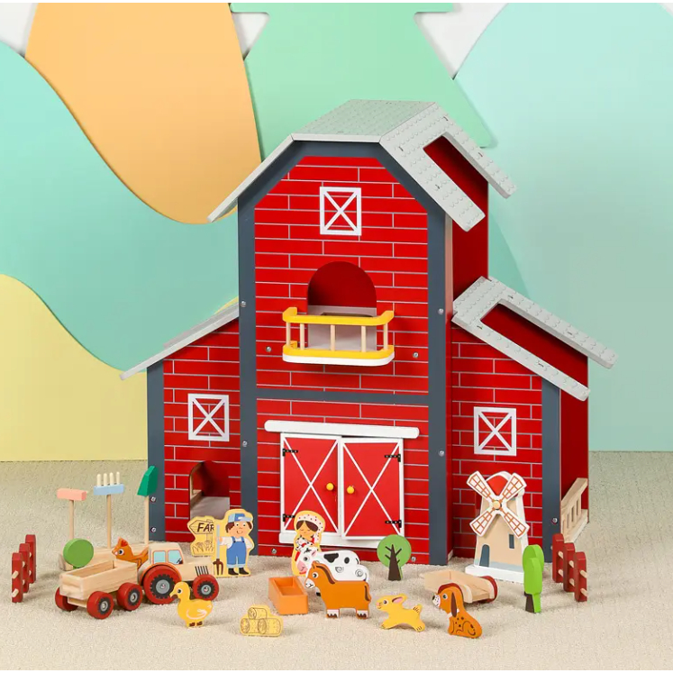 Wooden Simulation Farm Toys For Kids Role Pretend Play Creative Double ...