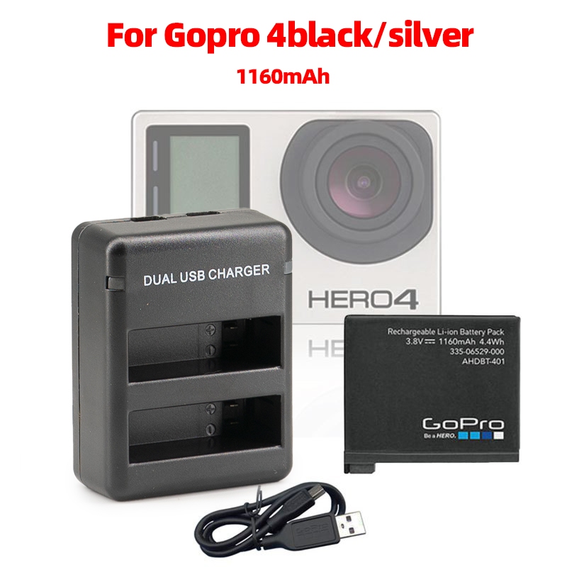Battery Charger For GoPro Hero 4 Silver/Black Case Dual 1160mAh Battery ...