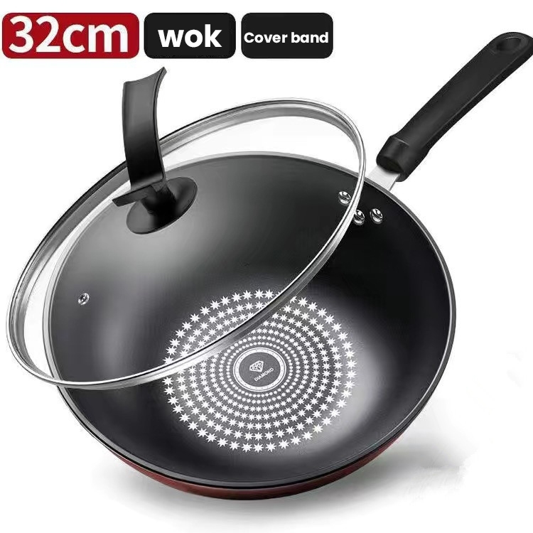 32cm Non-Stick Wok Pan Diamond Red Frying Pan Kitchen Iron Frying For ...