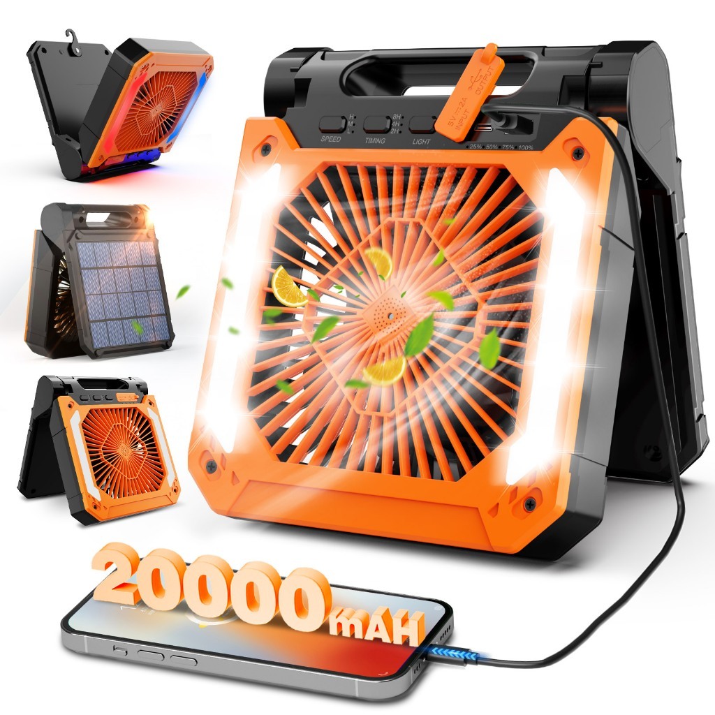 20000mAh Solar Powered Portable Fan with LED Lantern 3 Speed Cordless ...