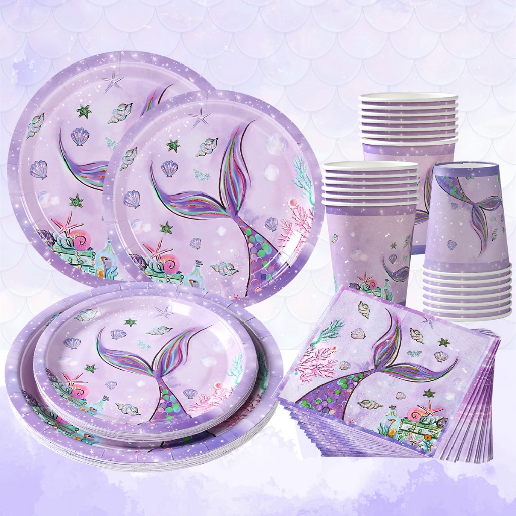 Mermaid Theme Paper Plate Cup Set Purple Mermaid Tail Pattern Tableware ...