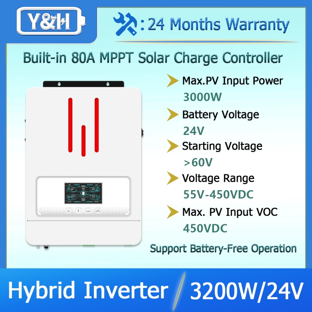 Y&H 3200W Hybrid Solar Inverter DC24V to AC230V, Battery-less start,BMS ...