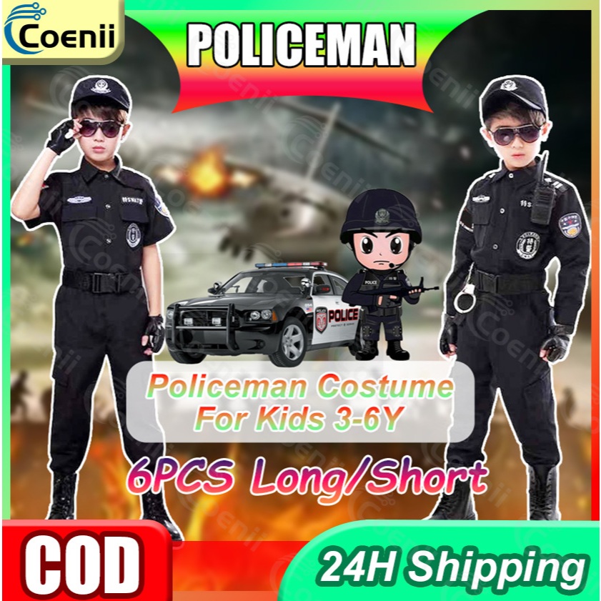 P0lice Costume For Kids Boy Policeman Cosplay Halloween Long/Short ...