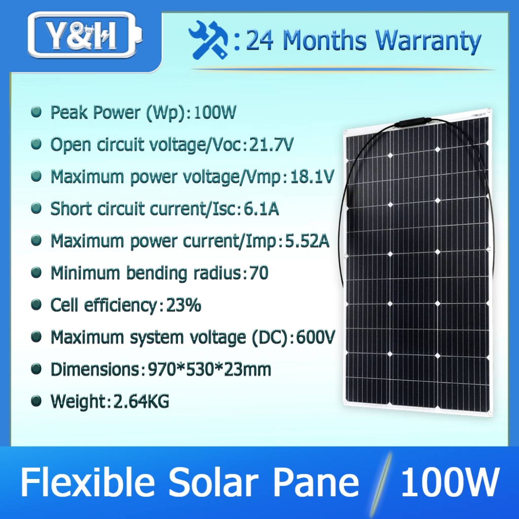 Y&H 100W Flexible Monocrystalline Solar Panel,12V Lightweight Ultra ...