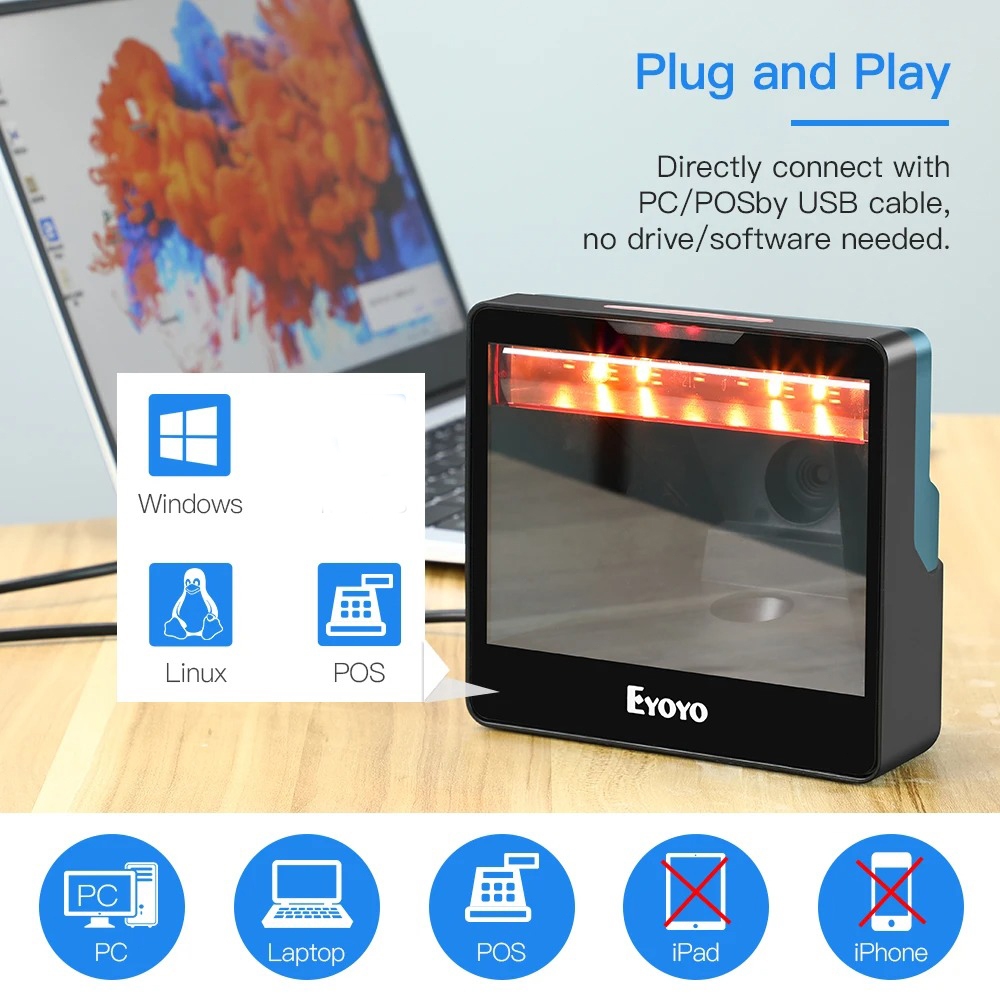 Eyoyo Big Desktop Barcode Scanner Omnidirectional Wired USB Barcode ...