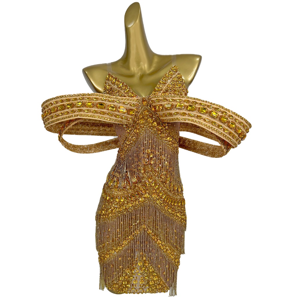 Sparkling Gold Rhinestone Design Evening Dress Sexy Suspender Tassel ...