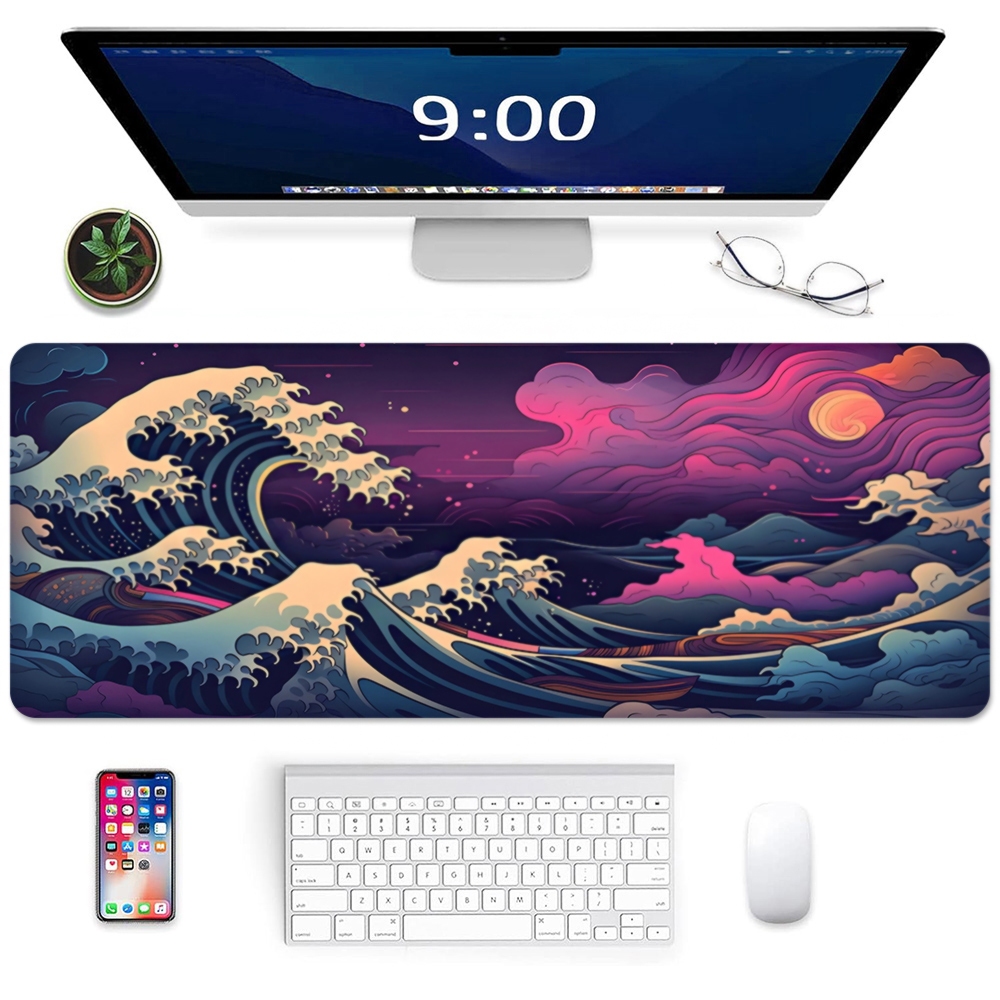 Large Purple Japanese Sea Wave Gaming Mouse Pad with Non-Slip Base ...