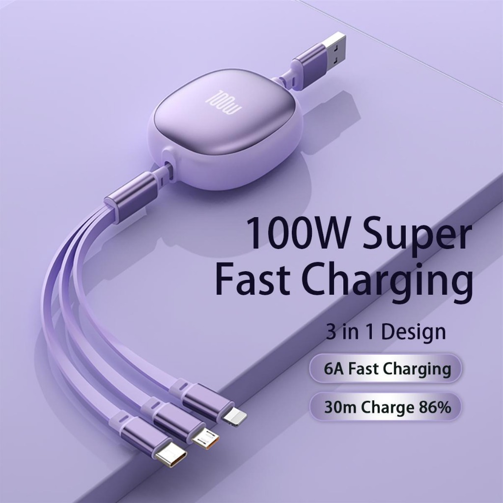 3 In 1 Fast Charging Cable 100W Flexible Cable 3 Port Charging, USB To ...