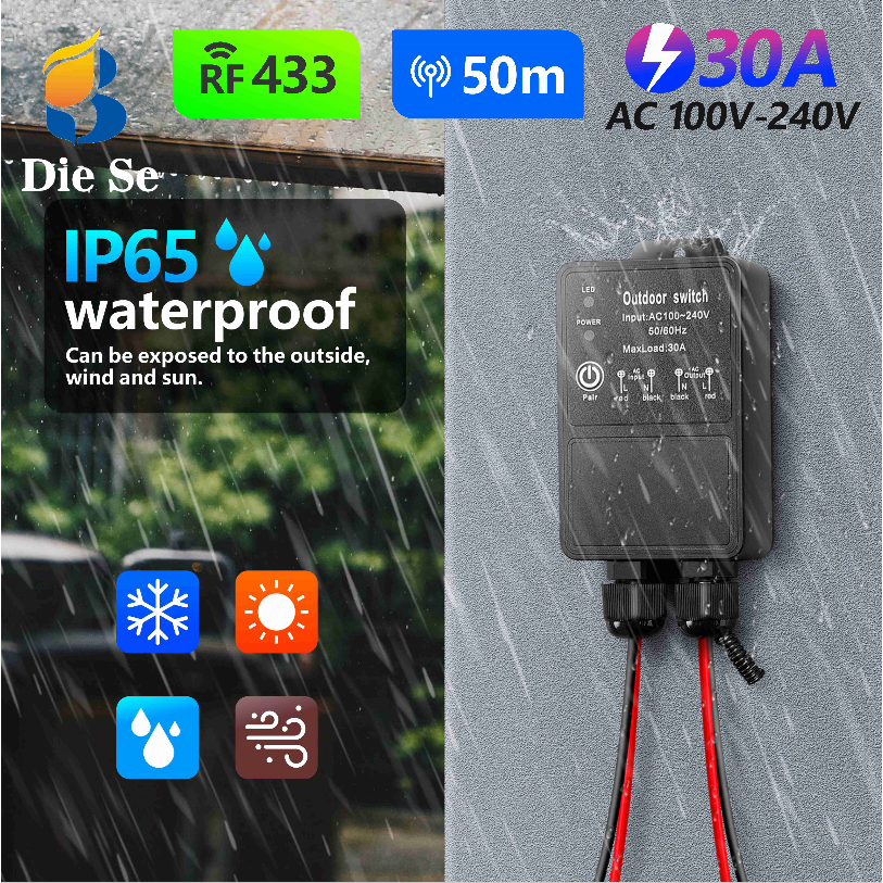 IP65 Waterproof RF 433 MHz Wireless Remote Switch – 30 A Relay, AC 100 ...