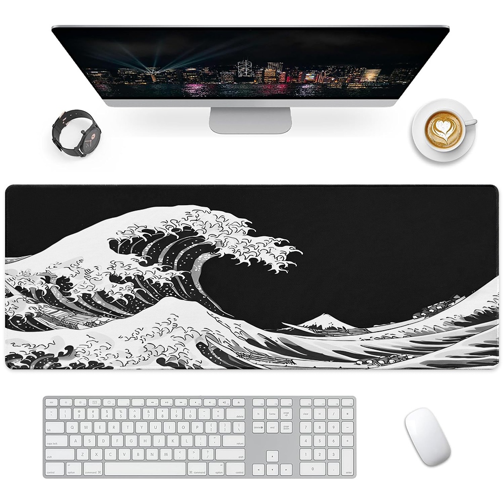 Large Black White Japanese Sea Wave Mousepad, with Stitched Edge ...