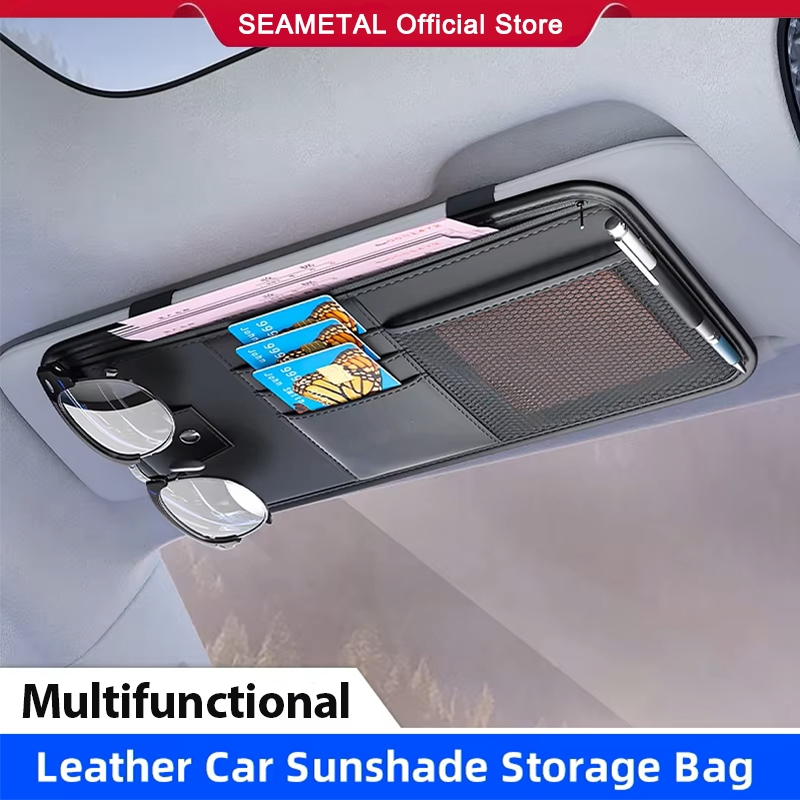 SEAMETAL Car Sun Visor Storage Bag PU Leather Multi-Pocket Sun Visor ...
