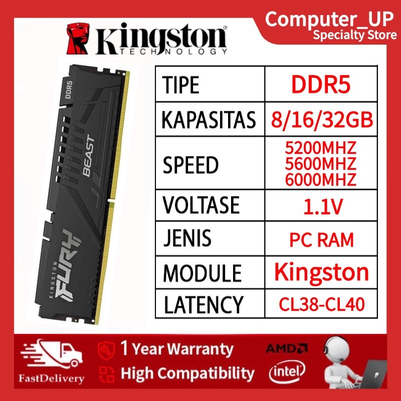 Kingston FURY BEAST DDR5 RAM 8GB 16GB 32GB 5200/5600MHz /6000MHz 1.25V DIMM 288PIN PC Desktop ...