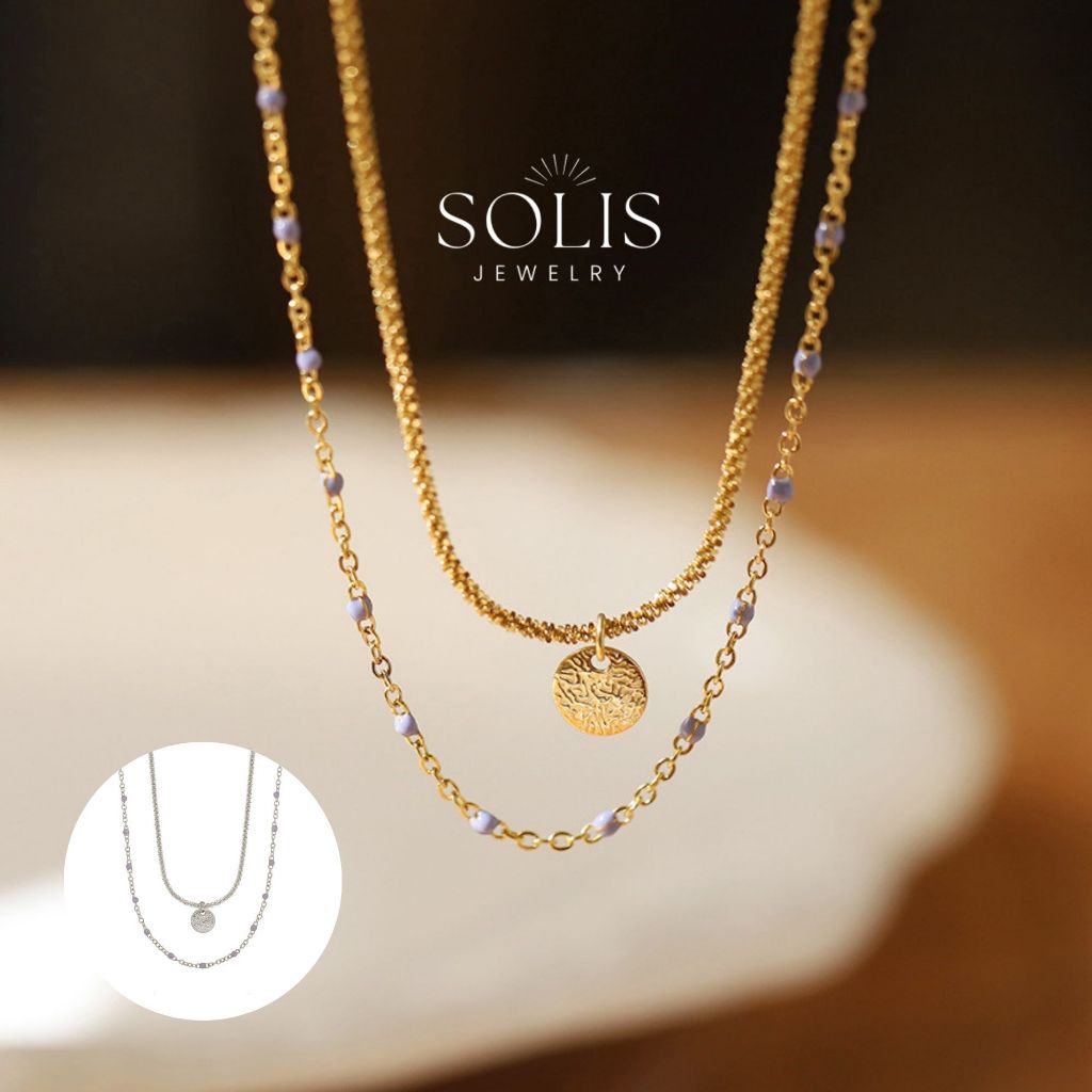 2 Layers Irregular Texture Round Pendant Purple Beaded Chain Necklace ...