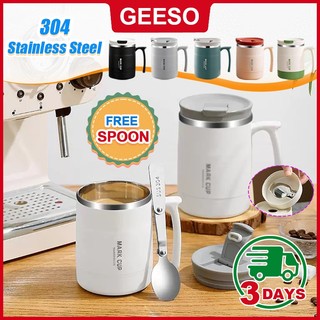 GEESO Thermal Coffee Mug With Spoon Double Wall Stainless Steel Cold ...