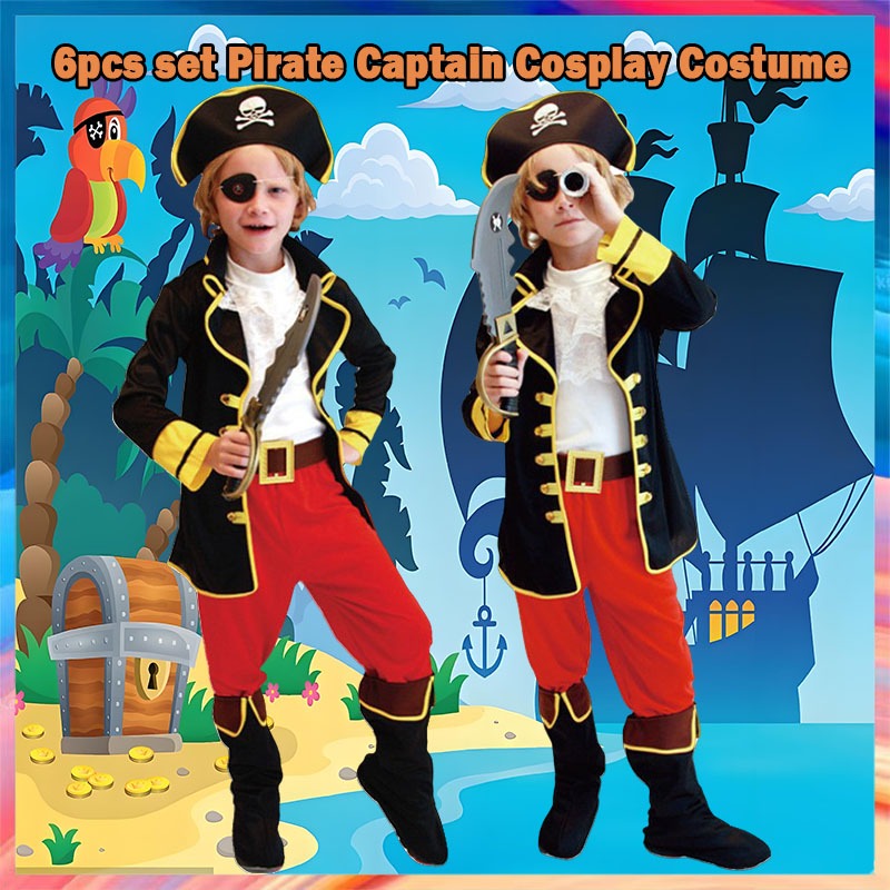 6pcs set Pirate Captain Cosplay Costume for Kids Pirates of the ...