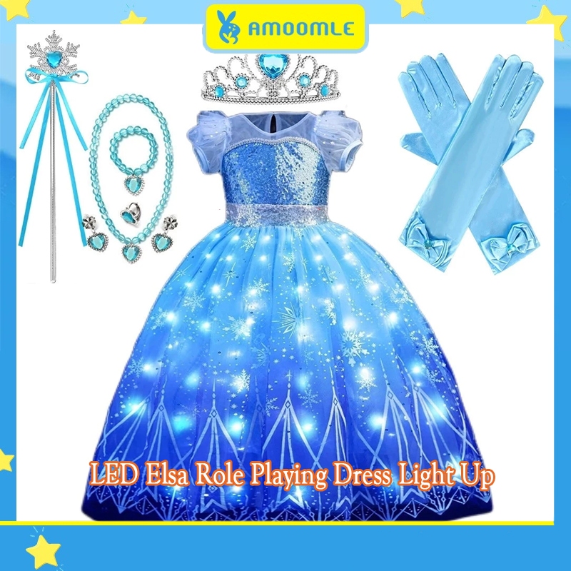 LED Elsa Role Playing Dress Light Up Kids Halloween Frozen Carnival ...