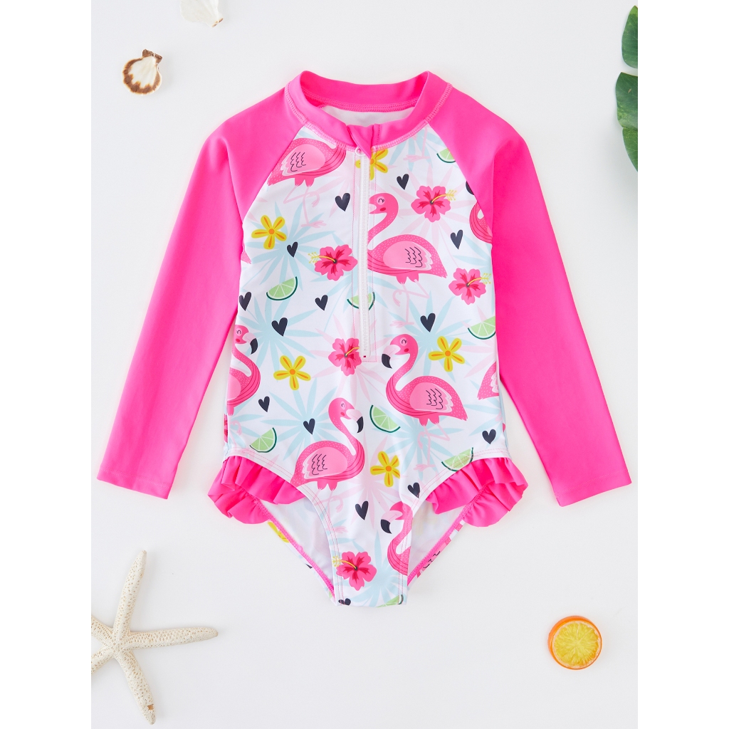 Girls Beach Fashion Surfing Suit Swimsuit Tropical Flamingo Long Sleeve ...