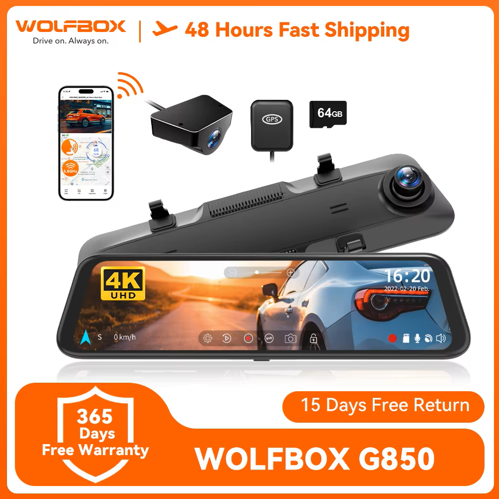 WOLFBOX G850 V02 WiFi 4K UHD Front and Rear Dash Cam Car Camera GPS ...