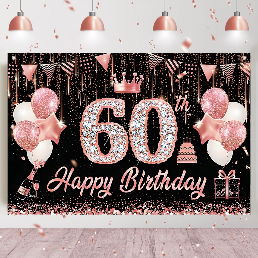 150*100cm Black Pink 60th Happy Birthday Backdrop Happy Birthday Banner ...