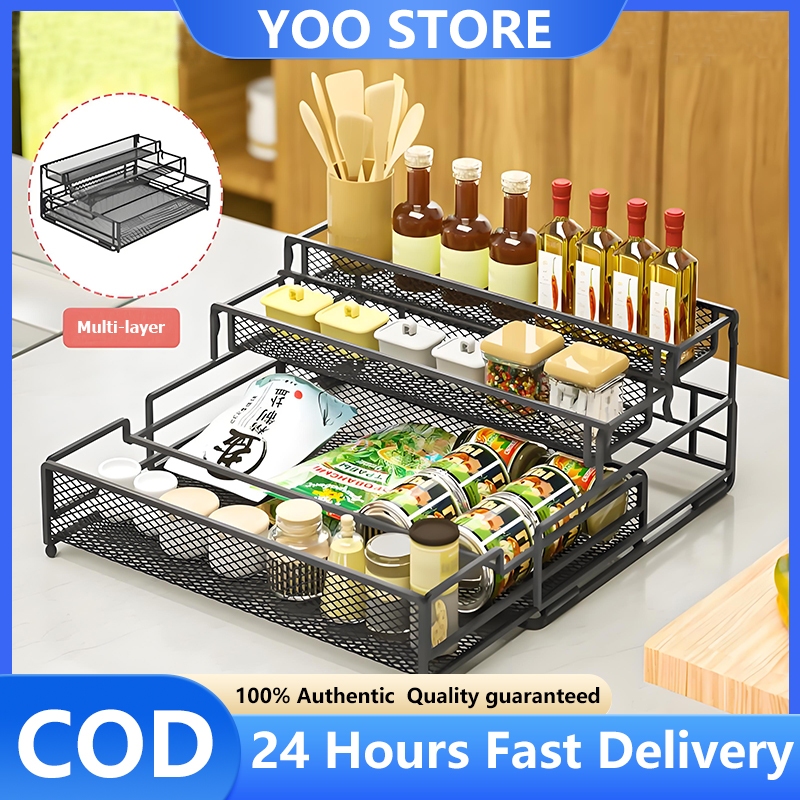 Pull Out Kitchen Spice Rack Countertop Organizer Foldable Shelf 3-Layer ...