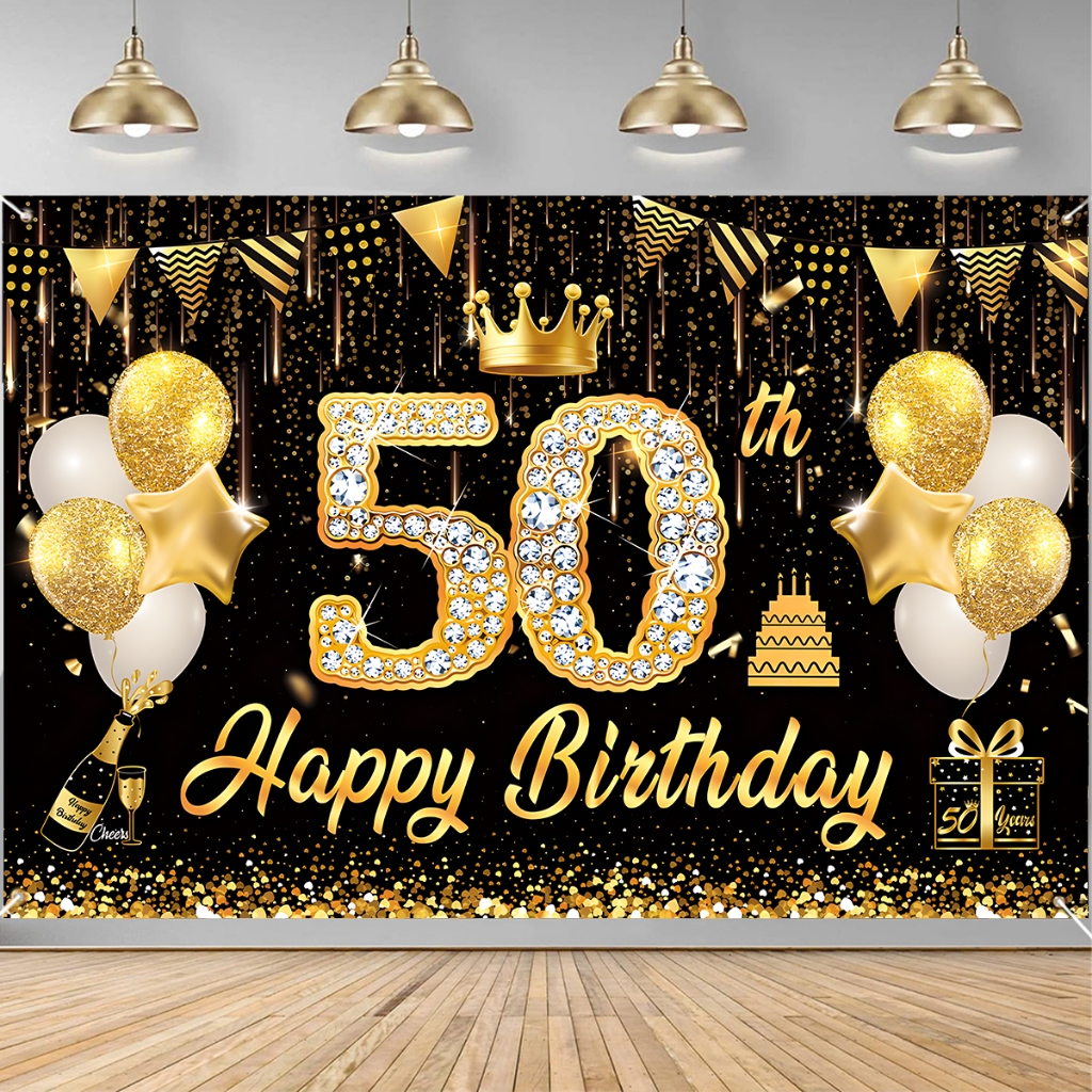 150*100cm Black Gold 50th Birthday Backdrop Happy Birthday Banner ...