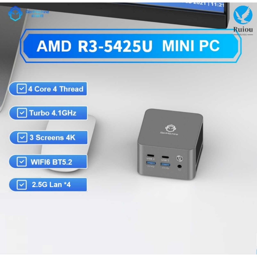 GenMachine AMD Ryzen 3 5425U Mini PC Windows 11 Pro LPDDR4 8GB NVMe SSD ...