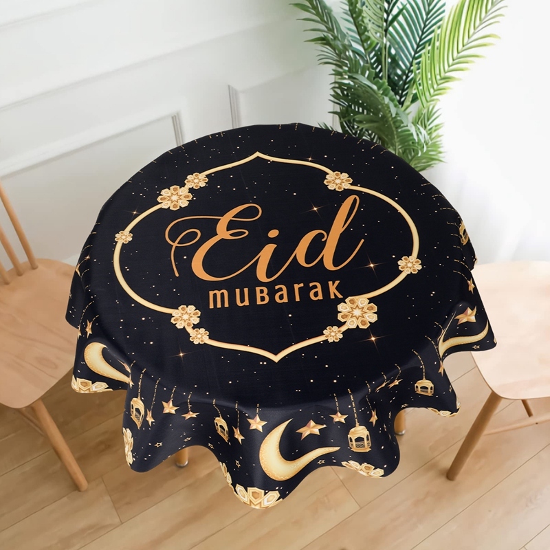 Eid Mubarak Round Table Cover Black Gold Moon Star Design Table Cloth 6 ...