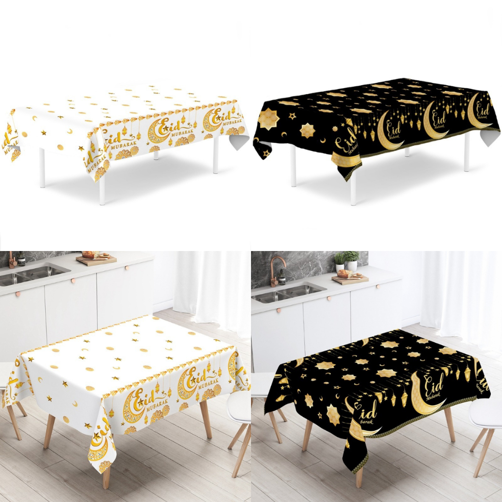 220*130CM White Gold Moon Eid Mubarak Pe Table Cloth 8 Seaters Black ...