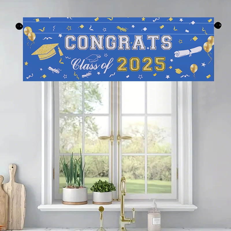 139*46CM Happy Graduation Short Curtains Blue And Gold Graduation Cap ...