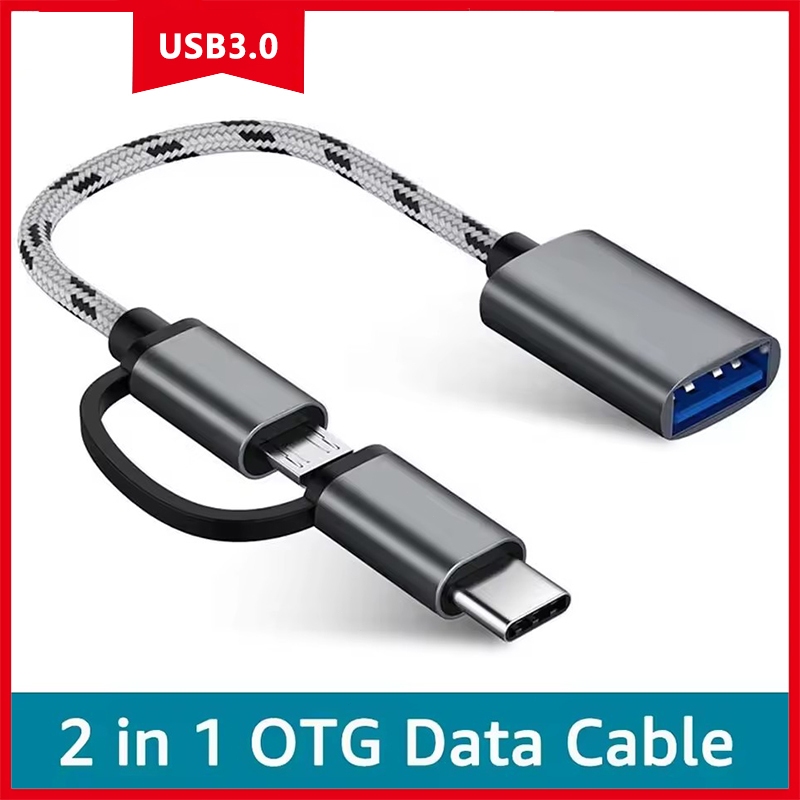 2 in 1 OTG Adapter Cable Nylon Braided USB 3.0 to Micro-USB Type C Data ...