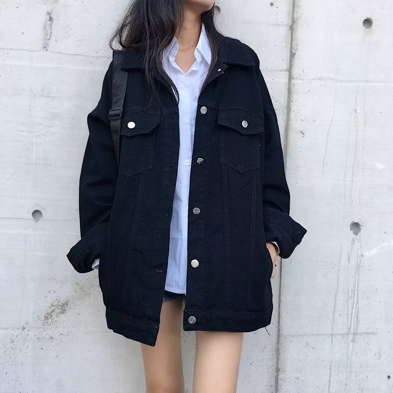 Women's Maong Plain Basic Denim Jacket Casual Black Size:S-M-L-XL-2XL ...