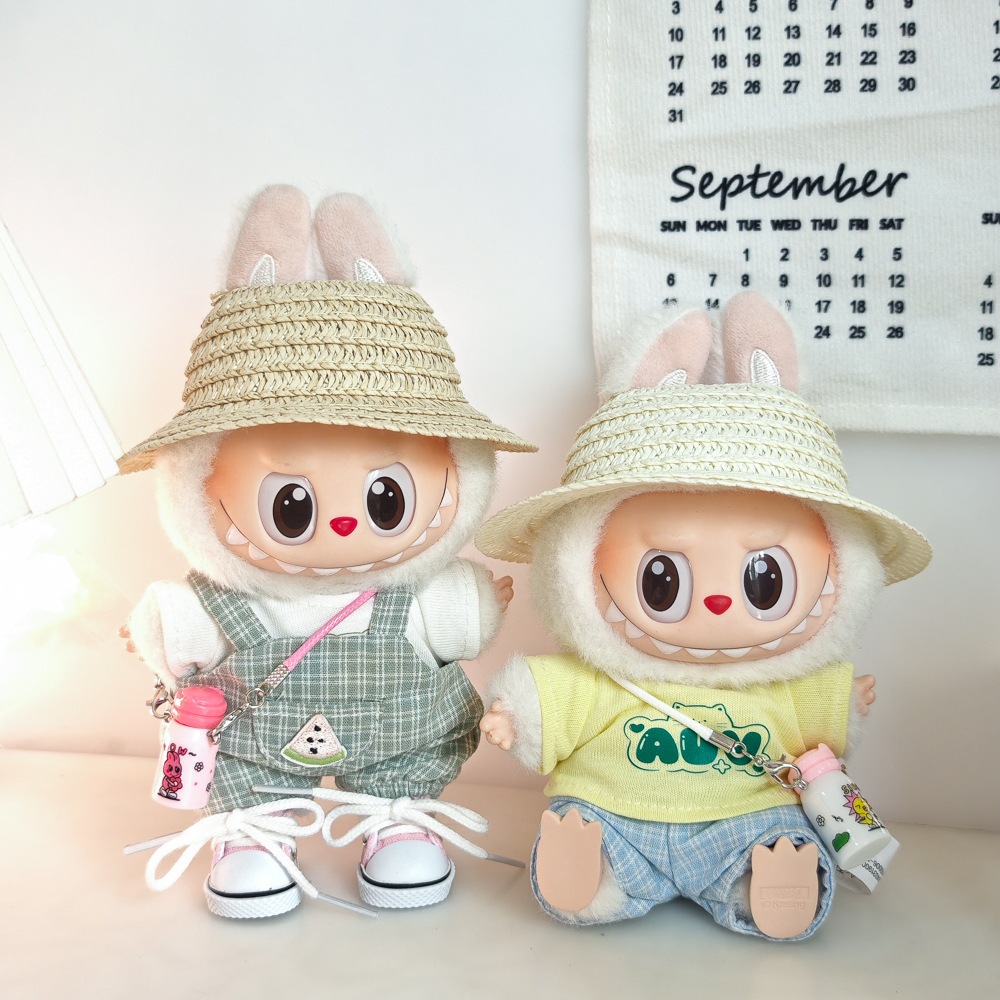 Labubu doll clothes, summer short sleeved pants set with straw hat ...