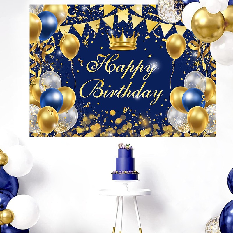 【New】150*100CM Blue Gold Happy Birthday Banner Happy Birthday Decorations Balloon Photo ...