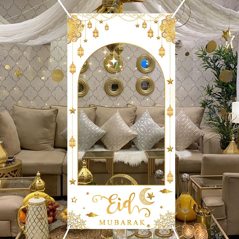 60*120Cm Eid Mubarak Photo Booth Frame White Gold Vinyl Backdrop For ...