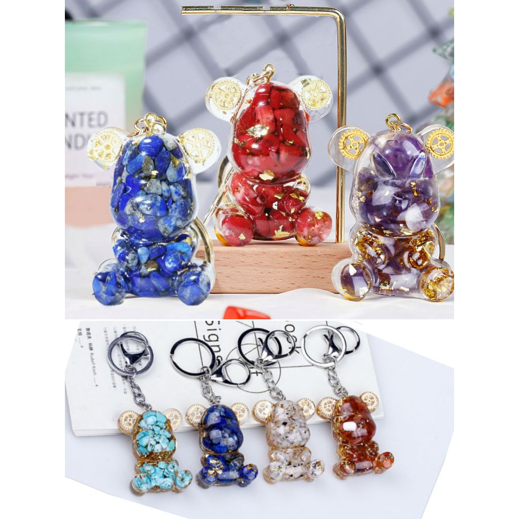 Cute Sitting Bear Keychain Crystal in Epoxy Natural Stone Key Ring ...