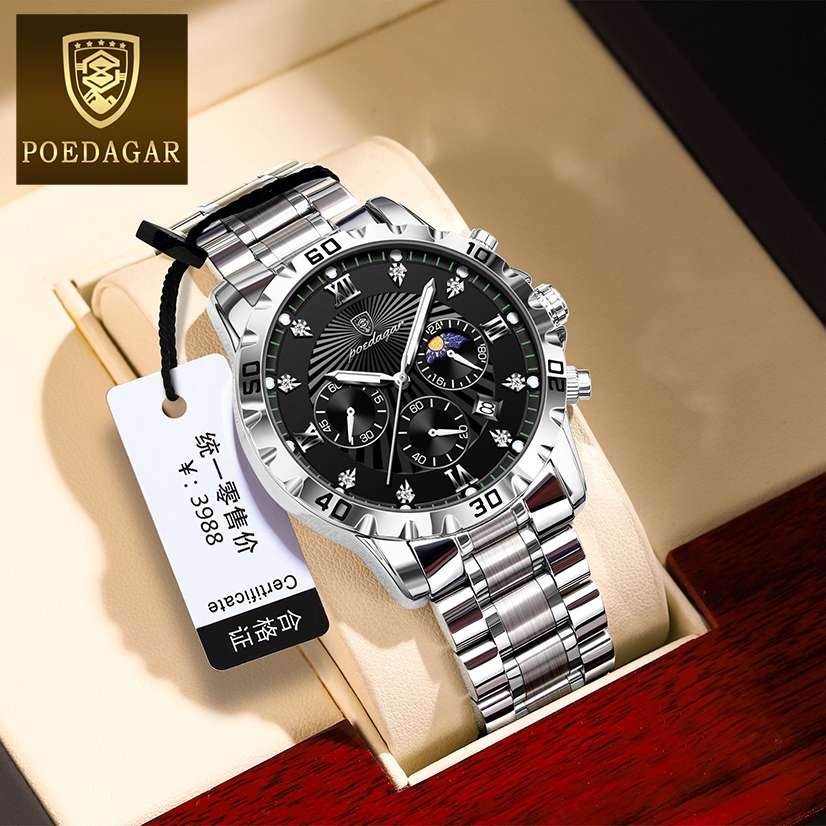 POEDAGAR multifunctional chronograph watch for men waterpoof sapphire ...