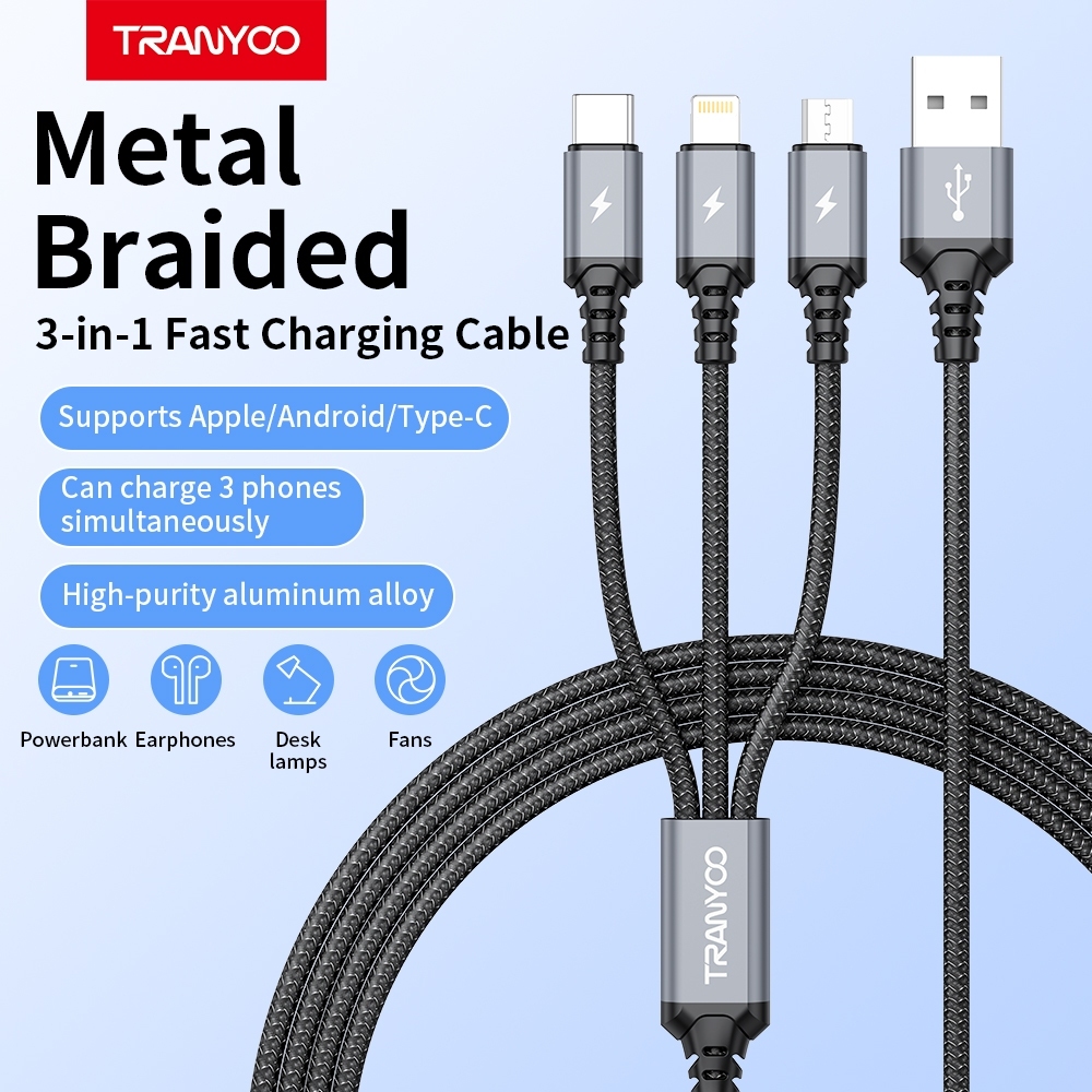 TRANYOO 3 in 1 Fast Charging Cable 1.2M USB to Type-C Micro Iph fast charging for Samsung Huawei ...