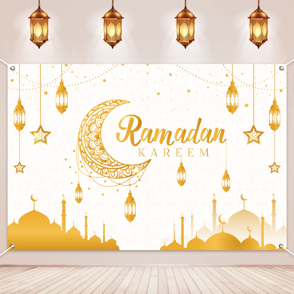120*80cm White Gold Ramadan Kareem Backdrop Polyester Moon Lantern ...