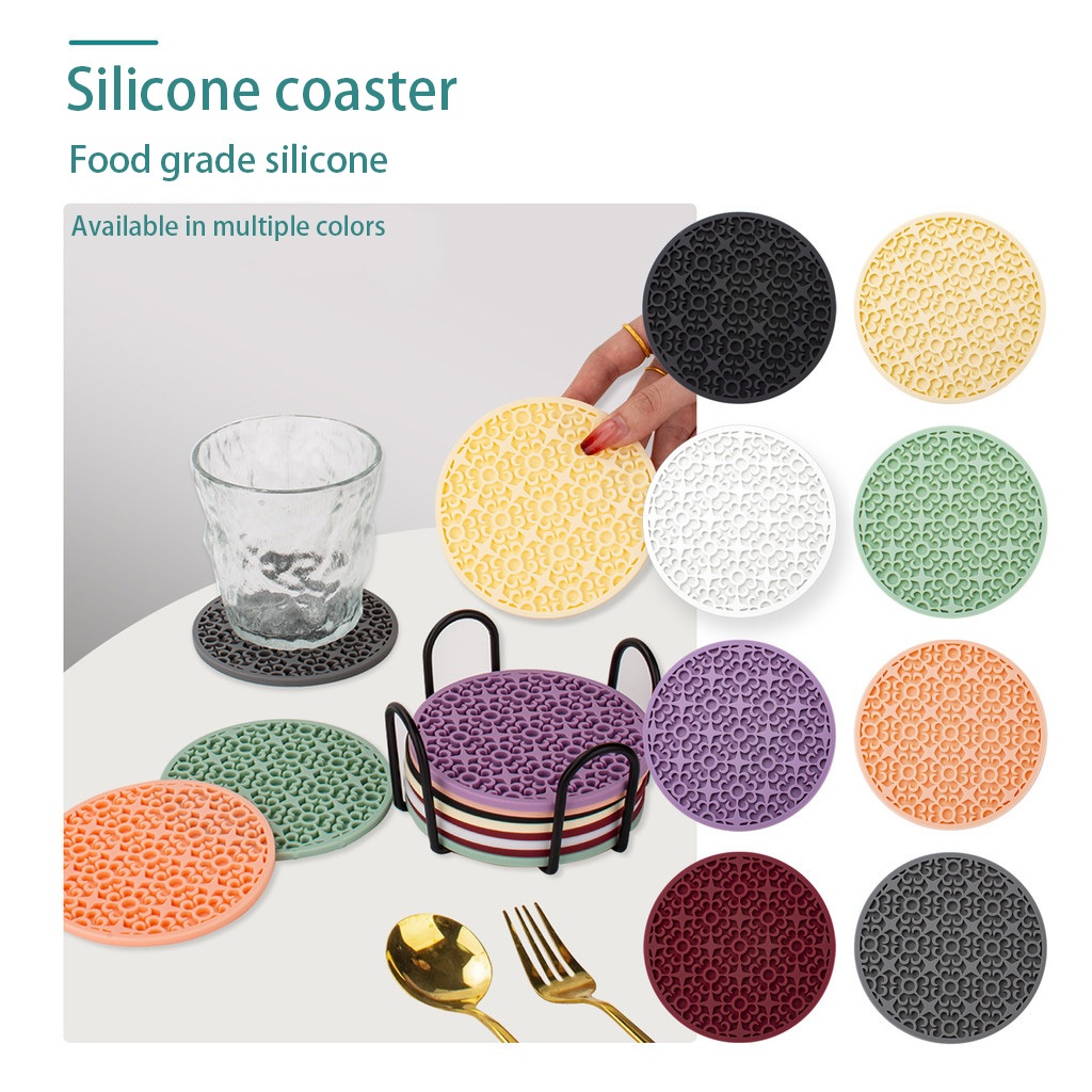 Silicone Round Coaster Retro Pattern Drain Heat Insulation Pad Soft ...