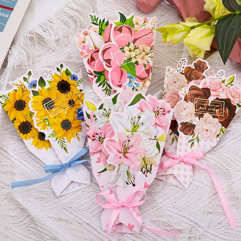 3D Bronzing Flower Bouquet Postcard with Ribbon DIY Love Letter Writing ...