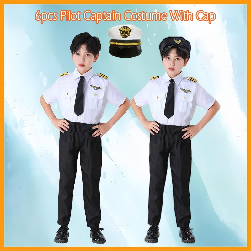 6PCS Pilot Costume Suit For Kids Boy Captain Uniforms Flight Service ...