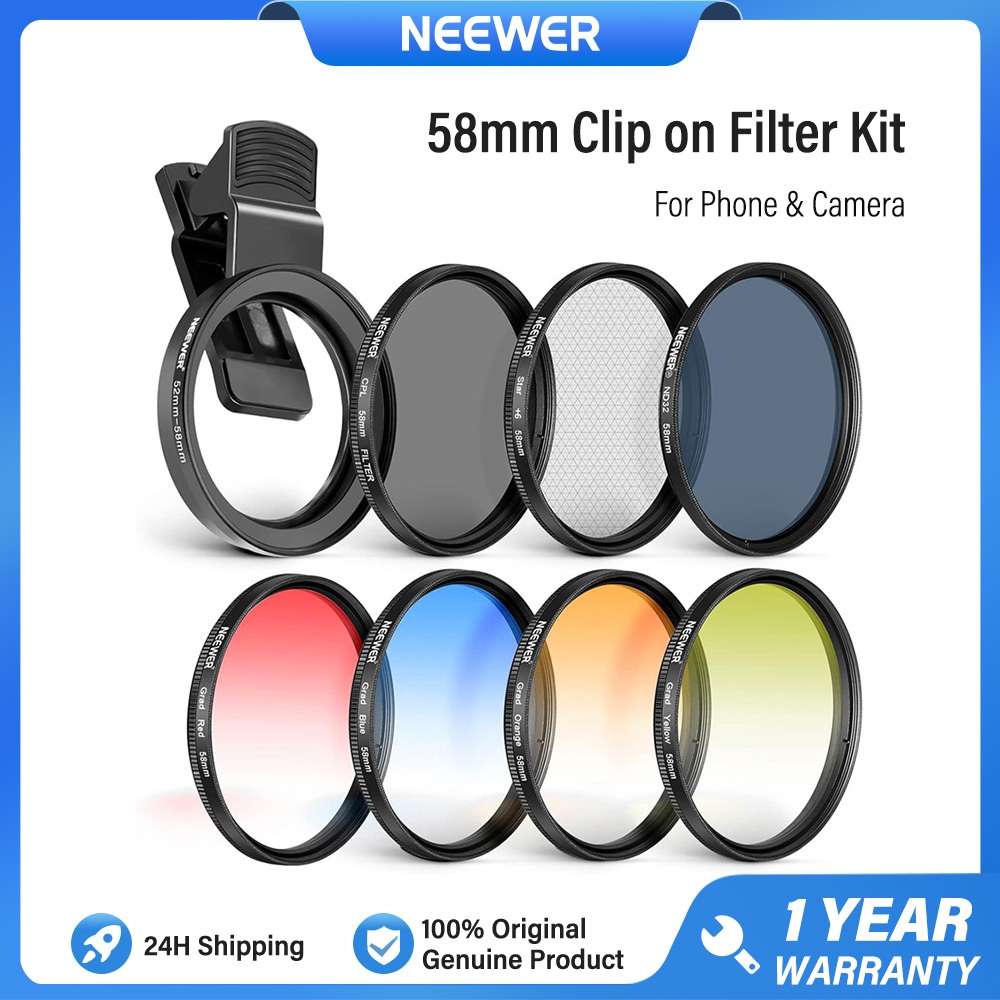 NEEWER 58mm Lens Filter Kit with Phone Lens Clip, CPL, ND32, 6 Point ...