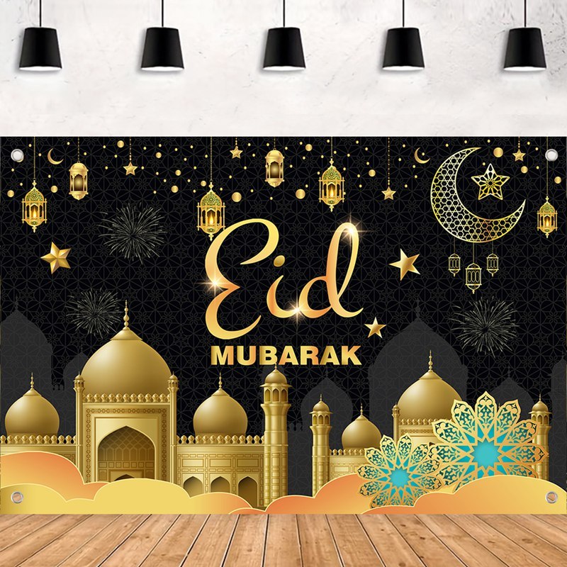 150*100CM Retro Eid Mubarak Black Gold Backdrop Castle Hollow Moon ...