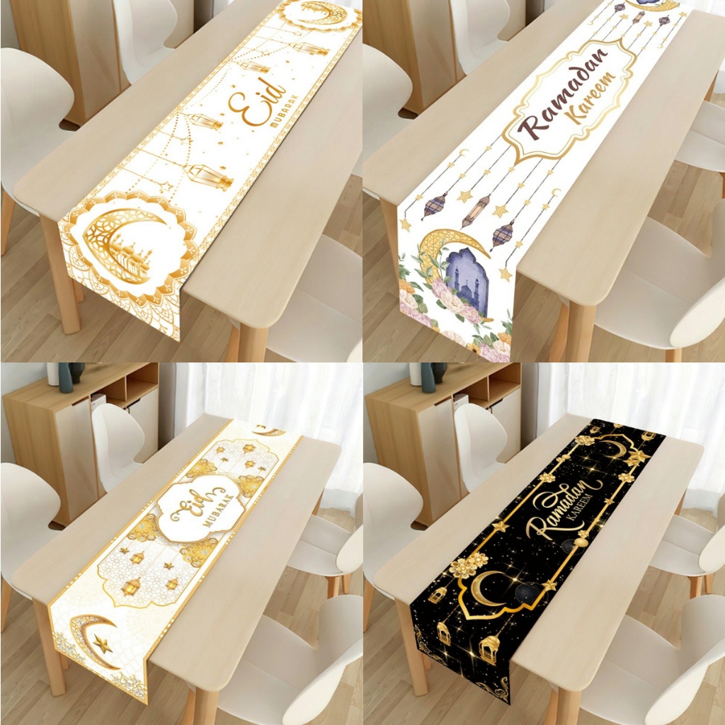 180cm Black White Ramadan Kareem Table Runner 6 Seater Polyester Eid ...