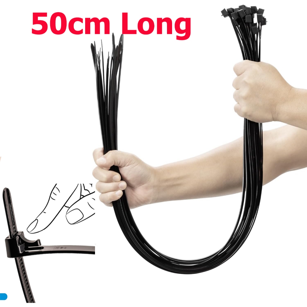 Resuable Black Long Zip Ties 50cm (100 Pack), Releasable Large Nylon ...